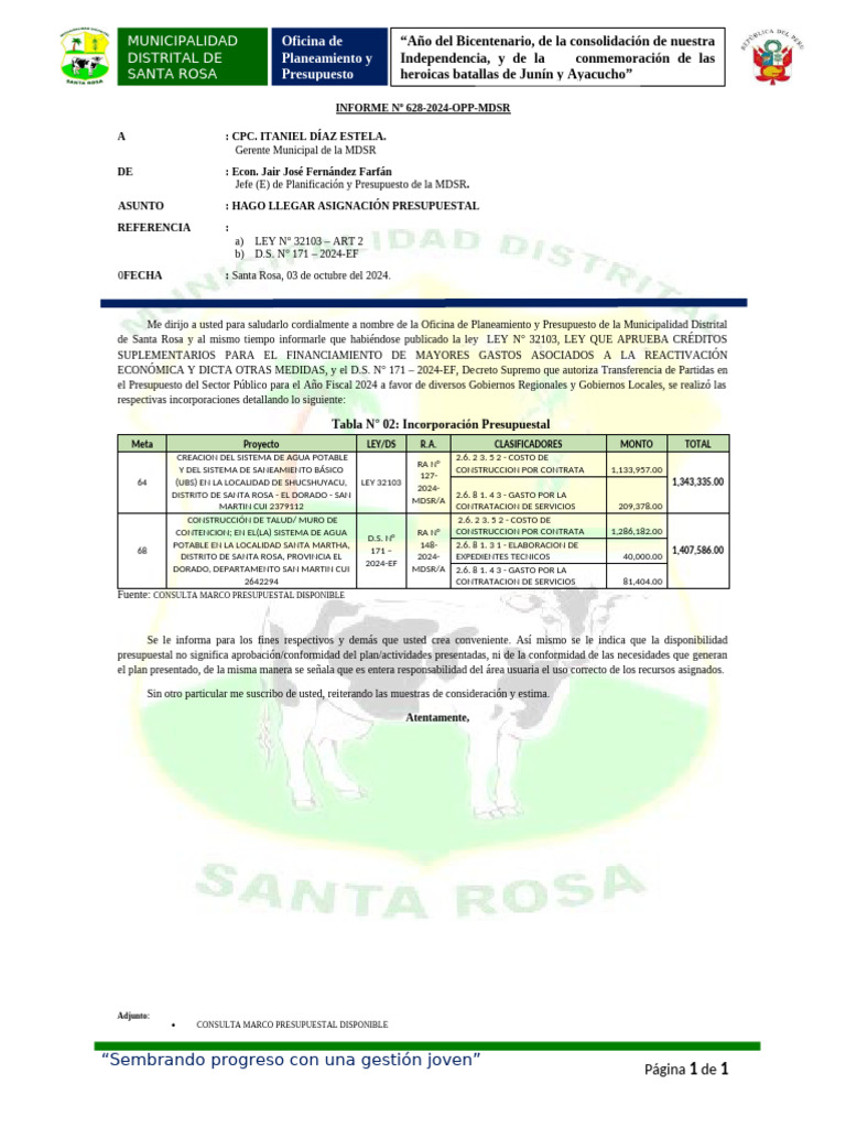 INFORME 628 PTO MDSR 2024 - ASIGNACION PROYECTOS GDTI | PDF | Presupuesto