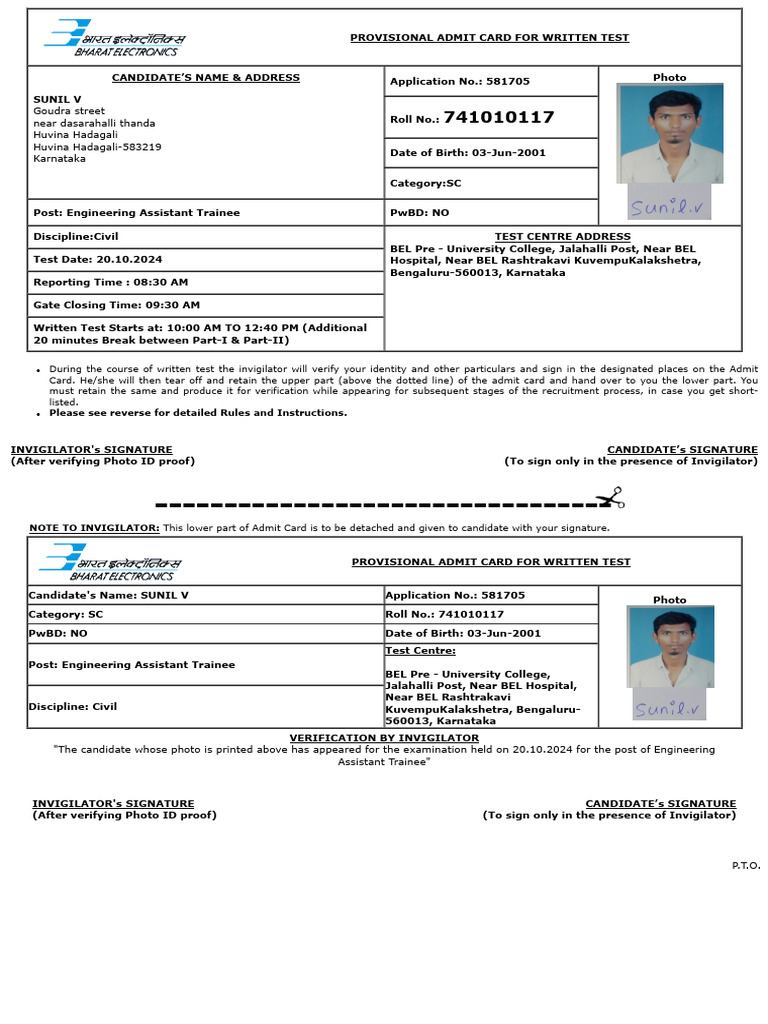 Bel-2023 Eat-Tech - Admit Card | PDF