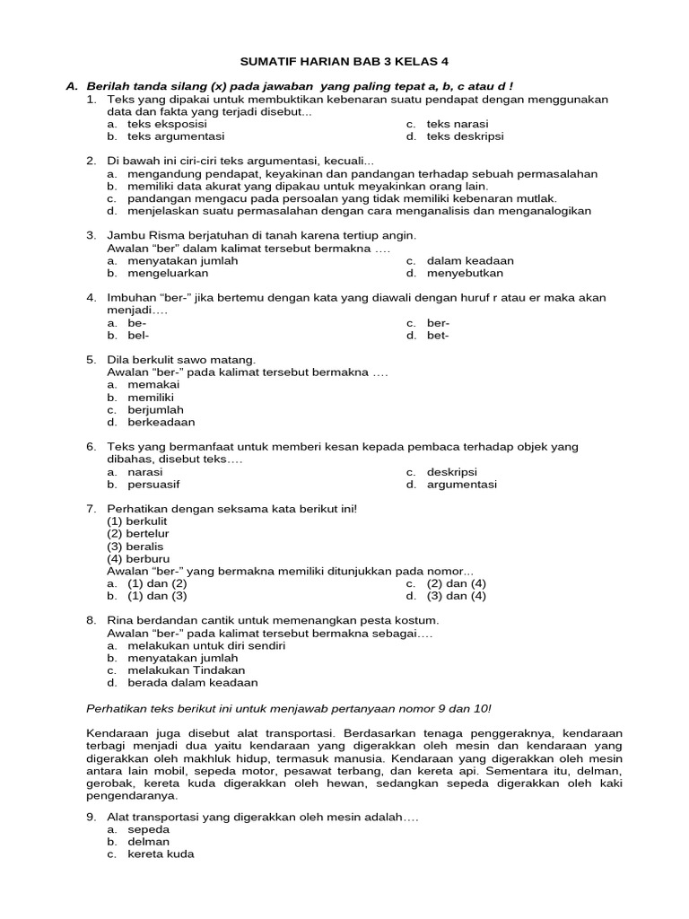 Sumatif Harian Bab 3 Kelas 4 Bindo | PDF | Fiksi Umum