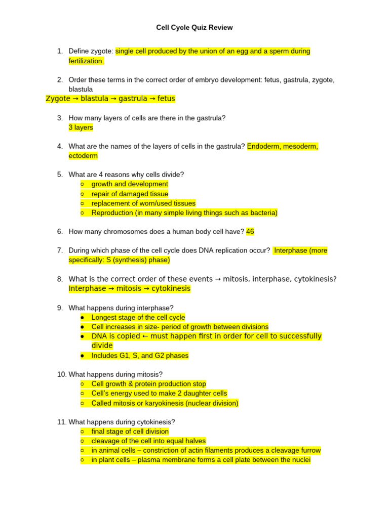 KEY - Cell Cycle Quiz Review ET | PDF | Wellness | Science & Mathematics