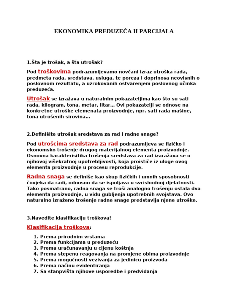 Ekonomika Preduzeća II Parcijala | PDF