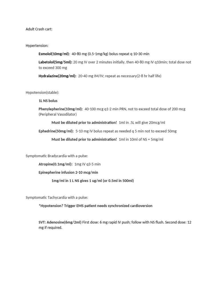 Adult Crash Cart Medication Guidelines | PDF
