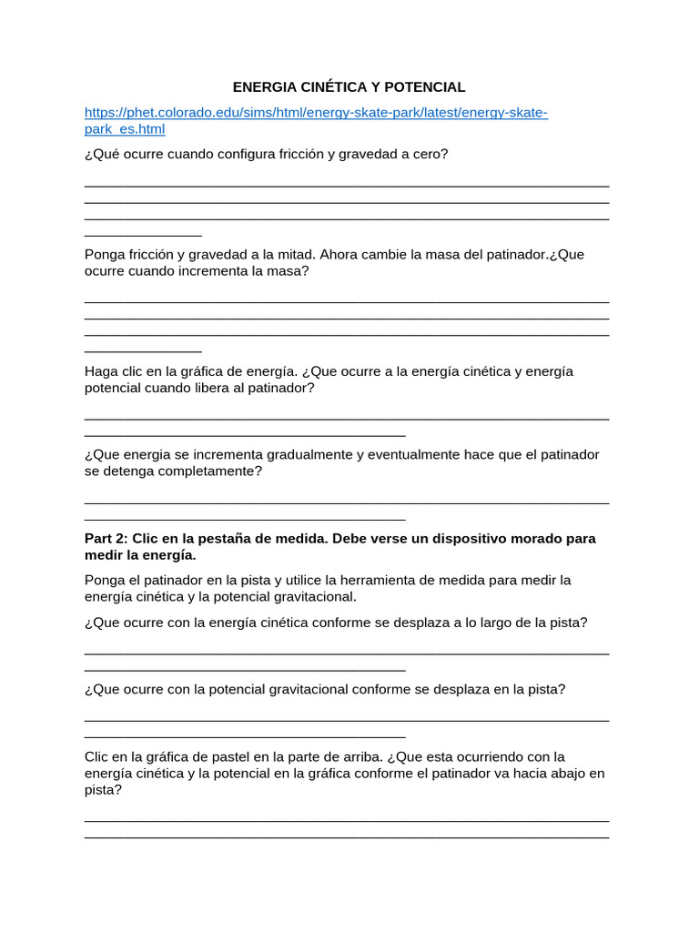 Actividad Sobre Energía Cinética y Potencial | PDF | Cantidades fisicas ...