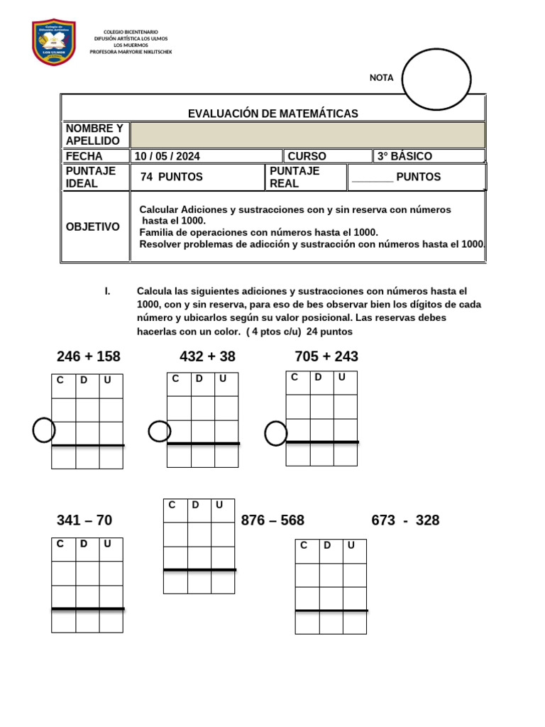Prueba de Matemáticas Sumas y Restas | PDF | Matemáticas | Aritmética