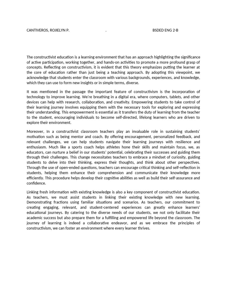 Example of REFLECTION Paper | PDF | Constructivism (Philosophy Of Education) | Learning