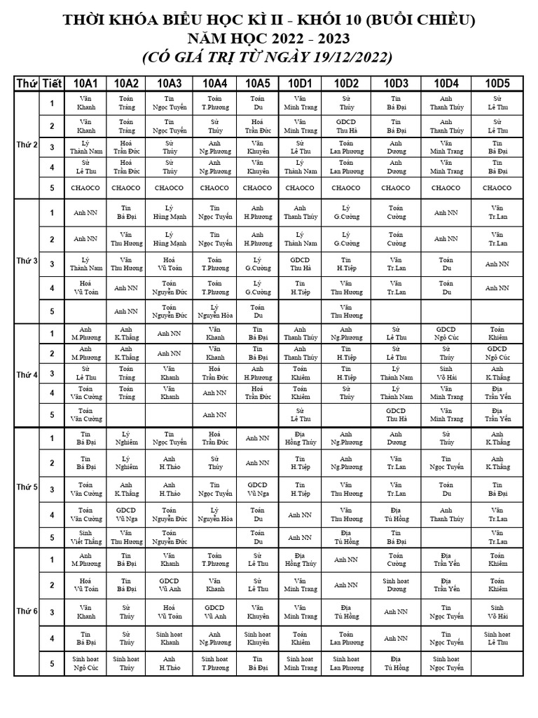 (CÓ GIÁ TRỊ TỪ NGÀY 19/12/2022) : Th Ti t 10A1 10A2 10A3 10A4 10A5 10D1 10D2 10D3 10D4 10D5 | PDF