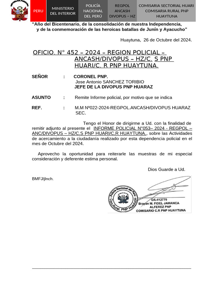 Oficio Remite Informe Policial Sobre Actividades de Acercamiento Al Ciudadano 2024 Mesde ...