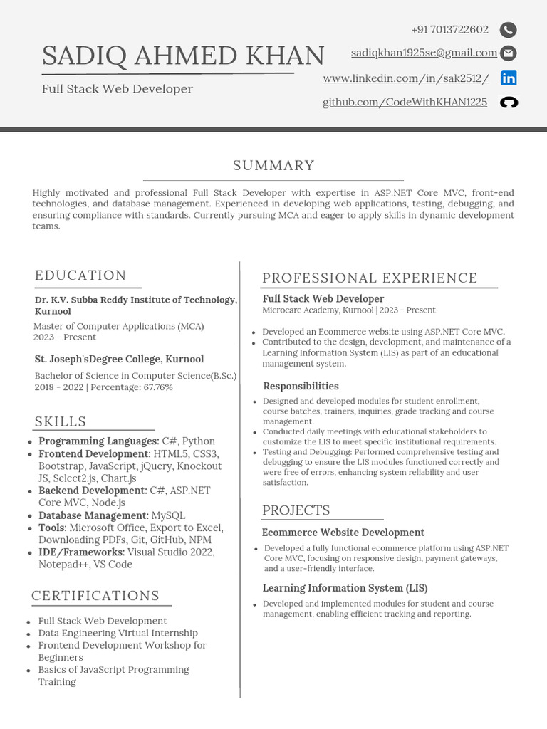 Sadiq Ahmed Khan - Resume | PDF | Web Development | Computer Programming