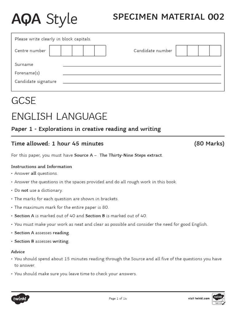 AQA GCSE English Language Paper 1 Specimen | PDF