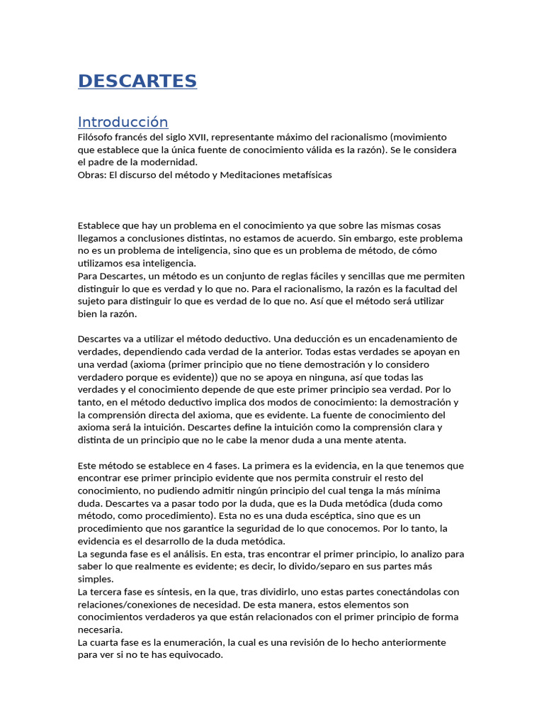 Método racional de Descartes en filosofía | PDF | René Descartes ...