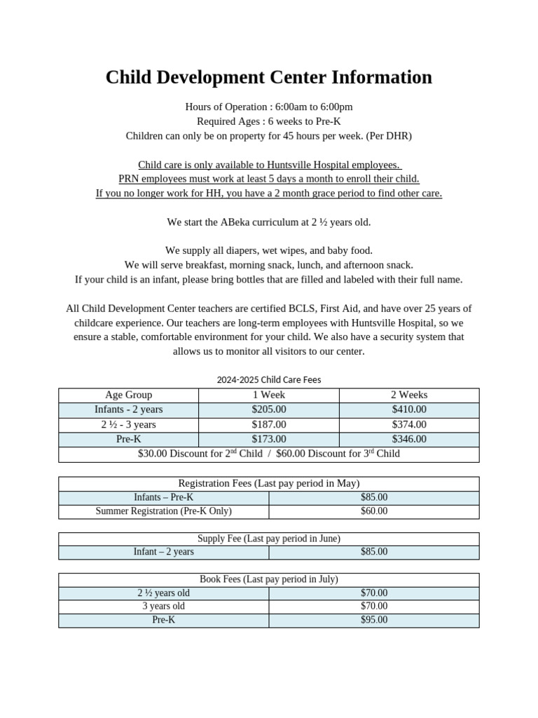 Huntsville Hospital Child Care Details | PDF