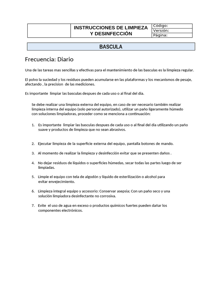 Instrucciones de Limpieza y Desinfección-Bascula | PDF | Tecnología
