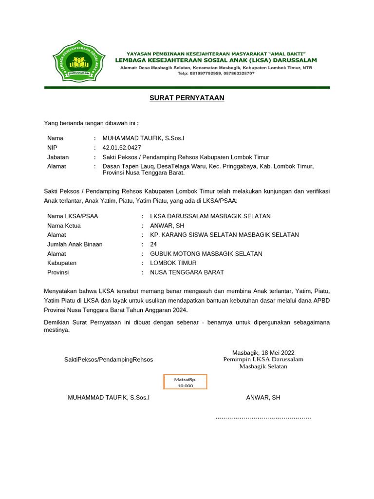 Form Surat Pernyataan Sakti Peksos Tahun 2023 | PDF