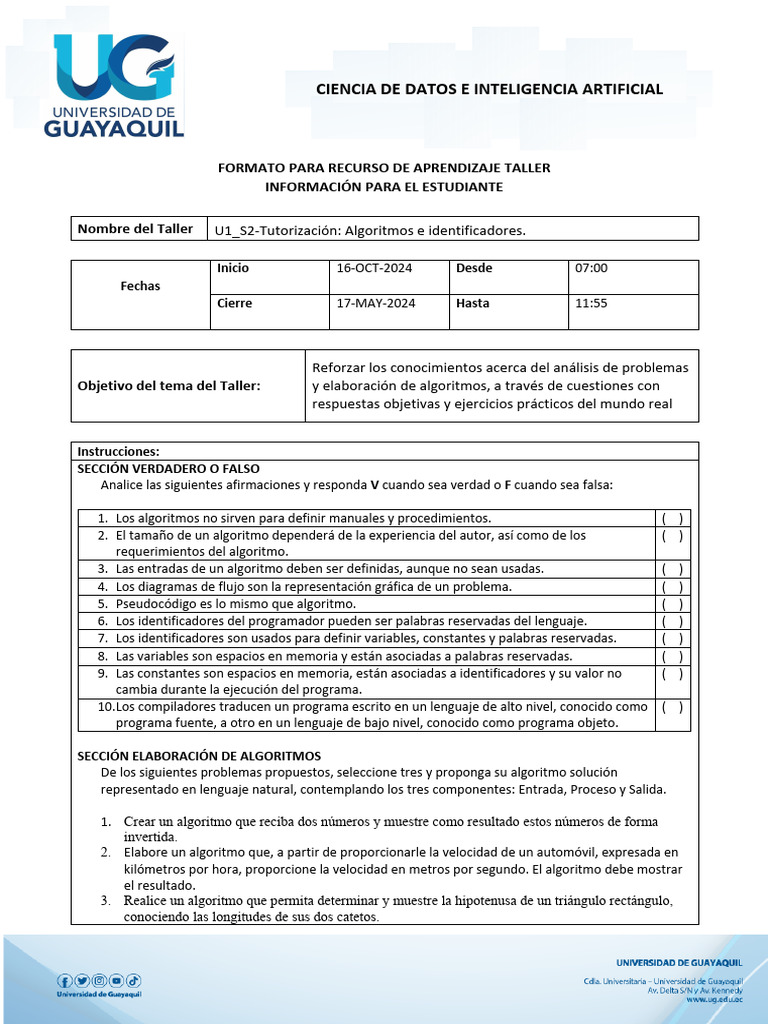 U1 S2 Taller Algoritmos Identificadores | PDF | Algoritmos | Lenguaje de programación