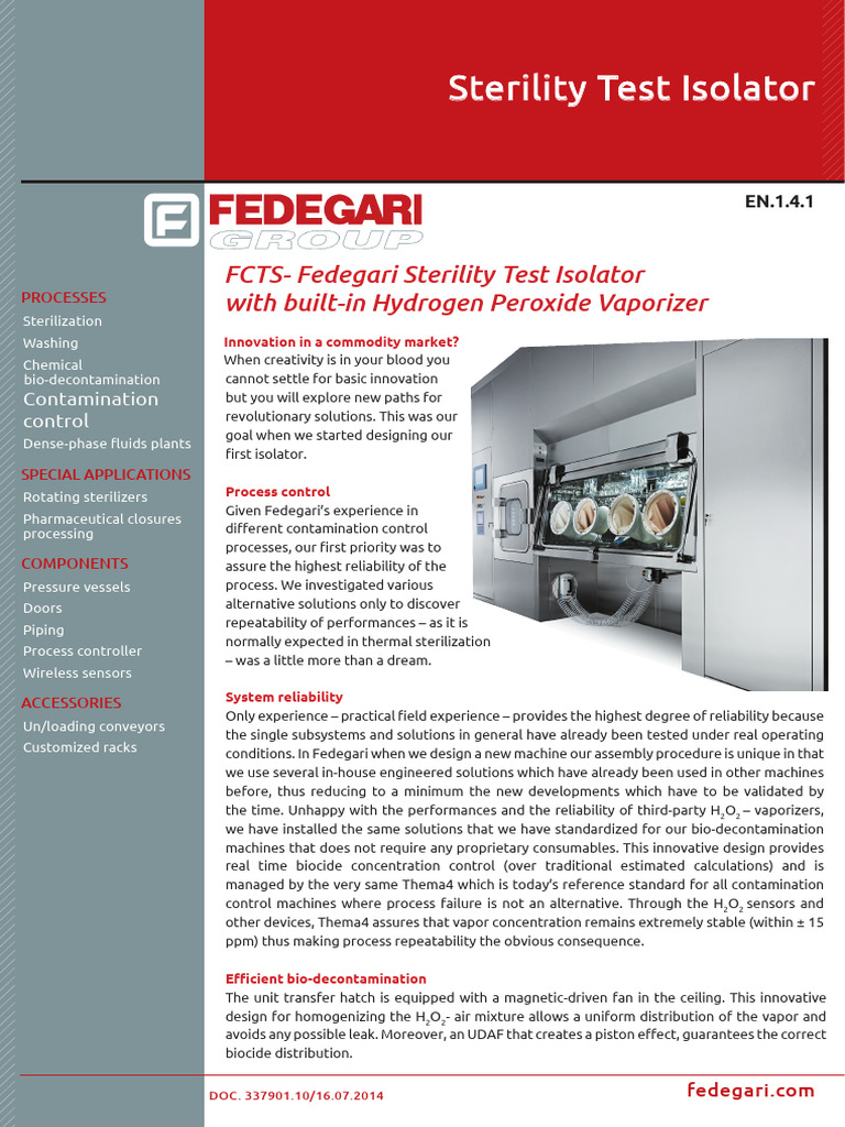 Fedegari Sterility Test Isolator Guide | PDF | Hydrogen Peroxide ...