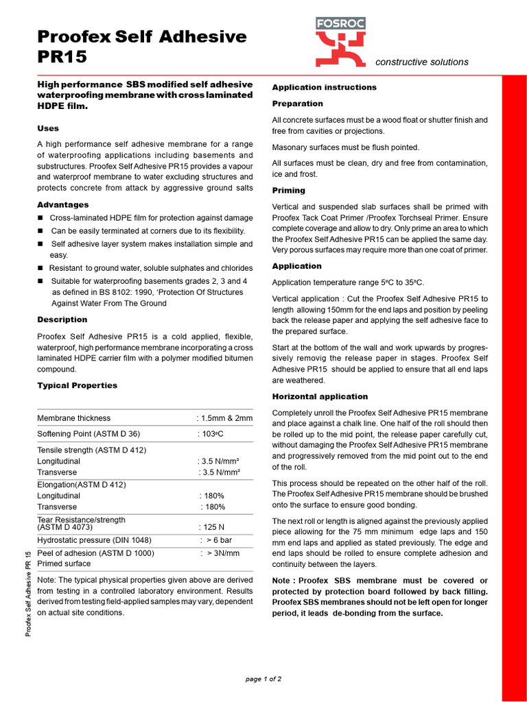 TDS Proofex Self Adhesive PR15 India6 | PDF | Adhesive | Building ...