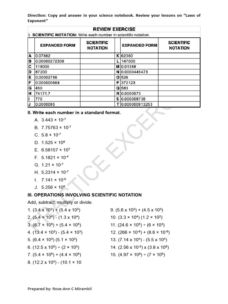 Exercises Laws of Exponent Scientific Notation | PDF | Teaching Methods ...