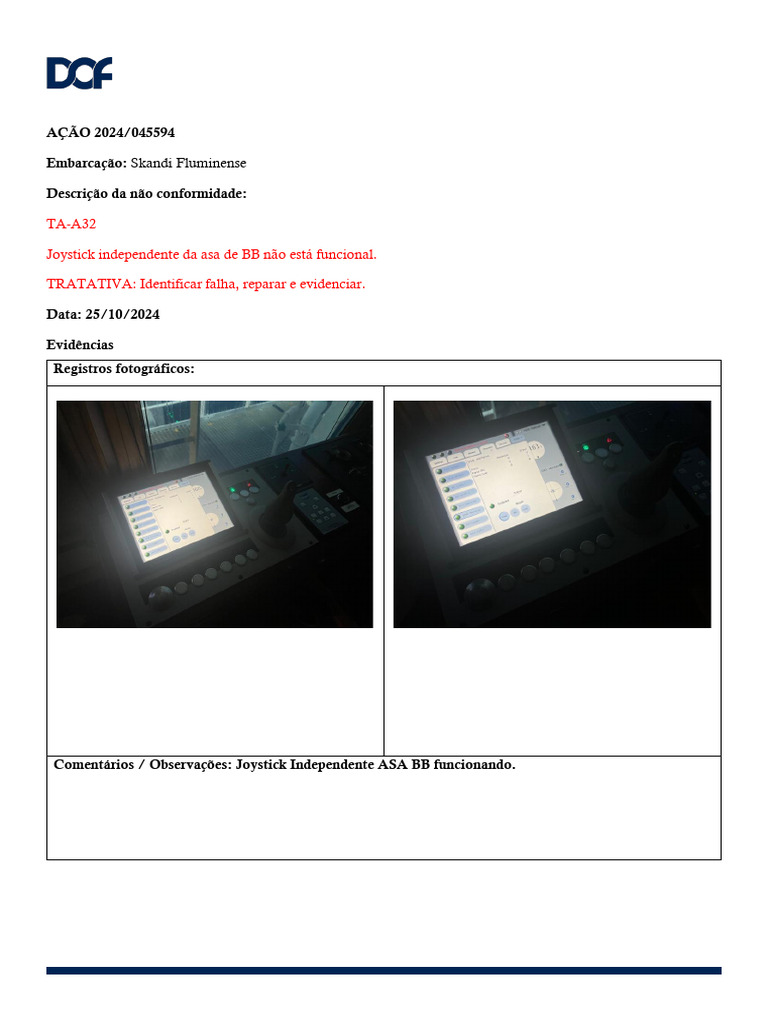 Joystick Inoperante no Skandi Fluminense | PDF