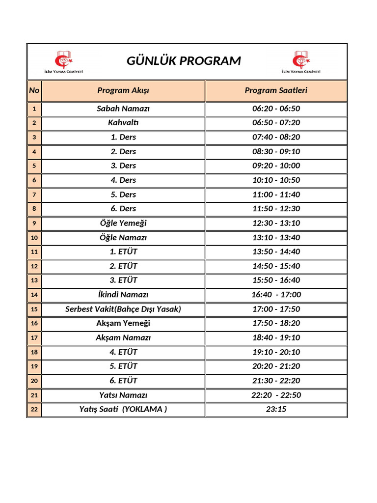 Günlük Program 2024 - 2025 | PDF