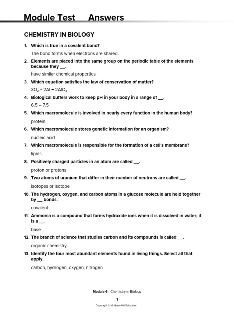 Module+Test+Answer+Key Chemistry+in+Biology | PDF | Chemical Elements ...