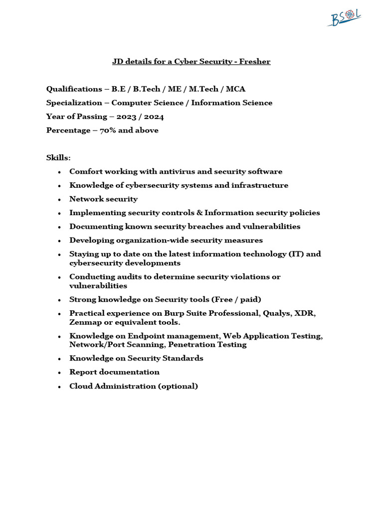 JD Details For A Cyber Security - Fresher | PDF