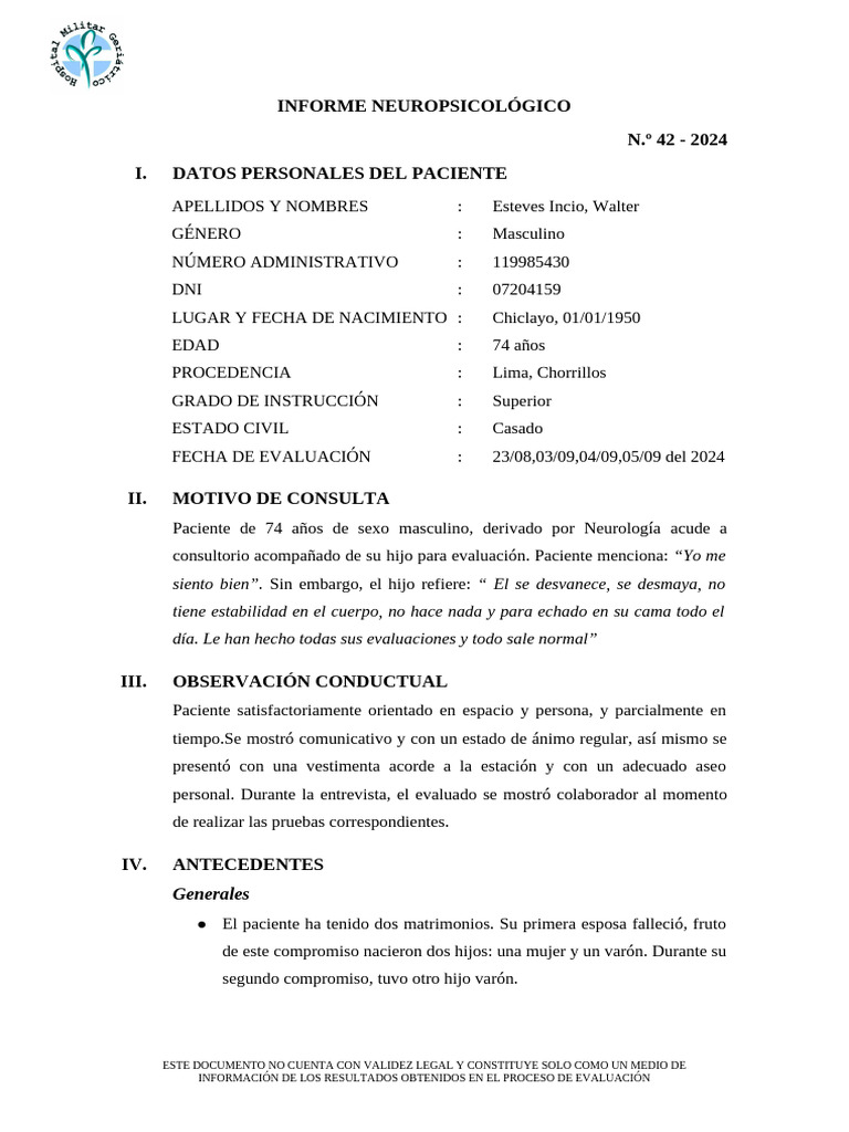 Informe Psicológico (Ejemplo 3) | PDF | Memoria | Atención