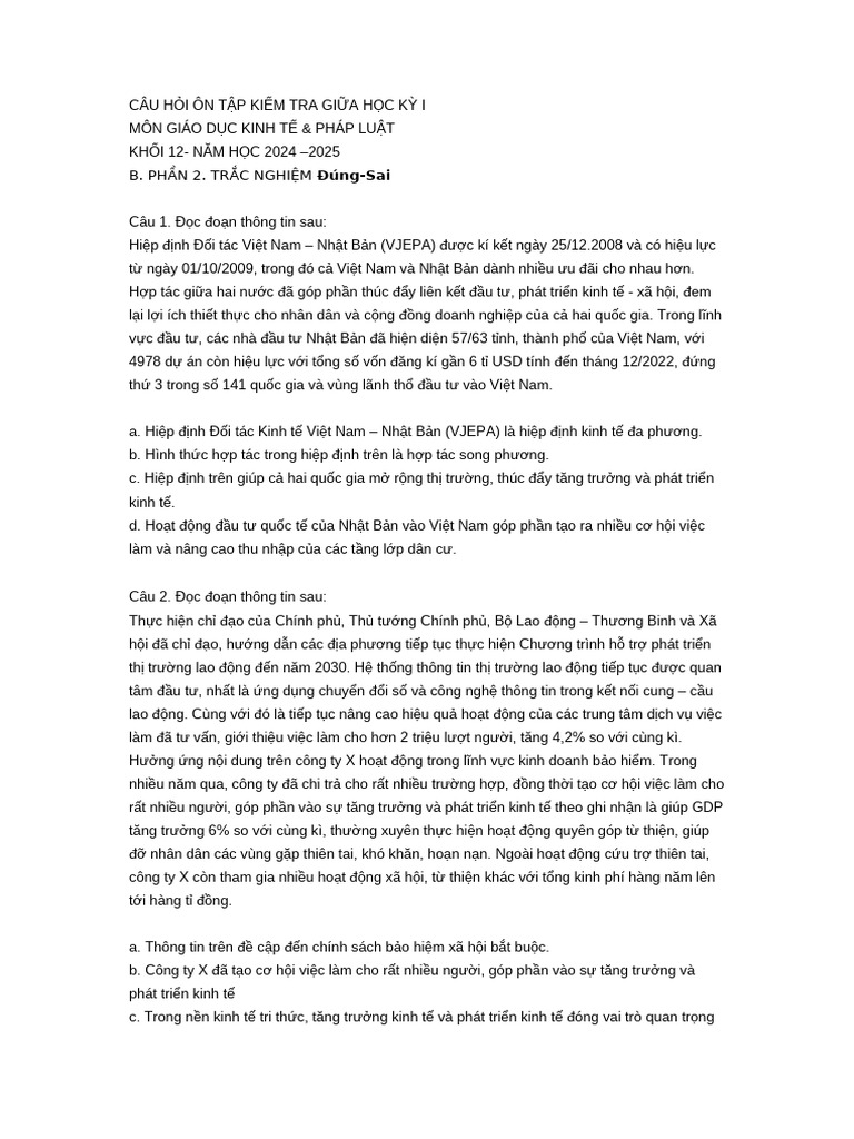 CÂU HỎI ÔN TẬP KIỂM TRA GIỮA HỌC KỲ I GDKTPL | PDF