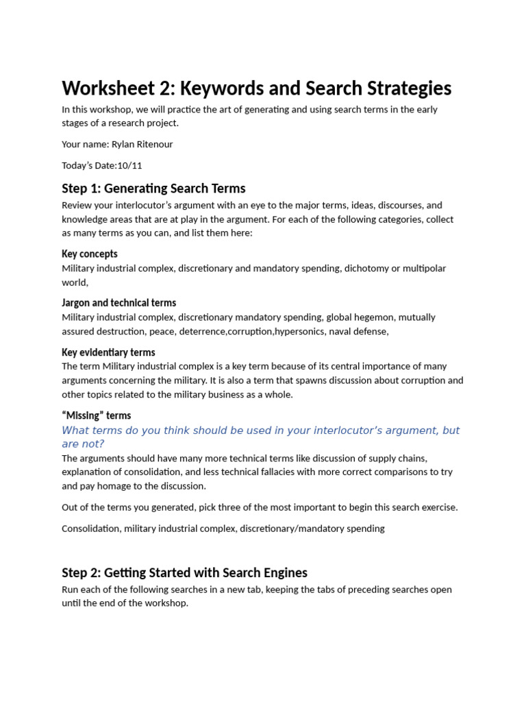 Worksheet 2 Keywords and Search Strategies | PDF | Thesis