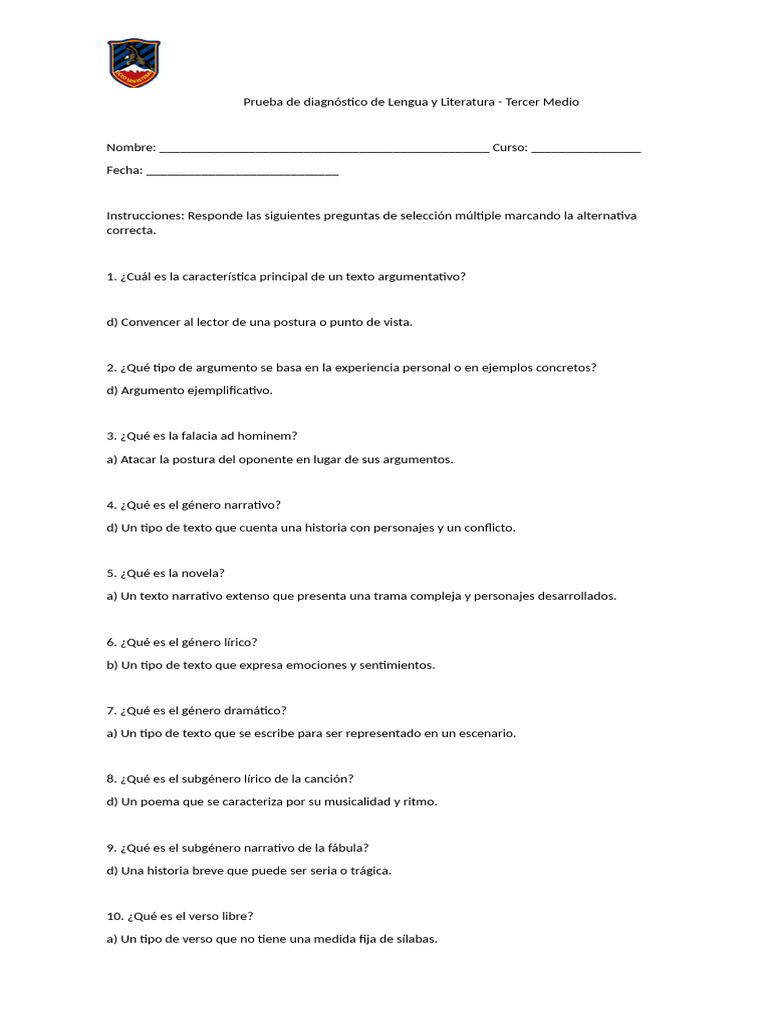 Prueba Diagnóstica Lengua y Literatura 3° Medio | PDF