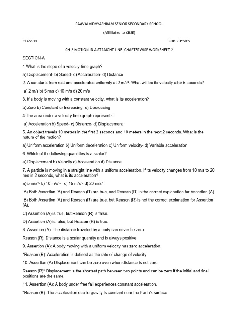 11 Phy CH-2 Motion in A Straight Line WS | PDF | Acceleration | Velocity
