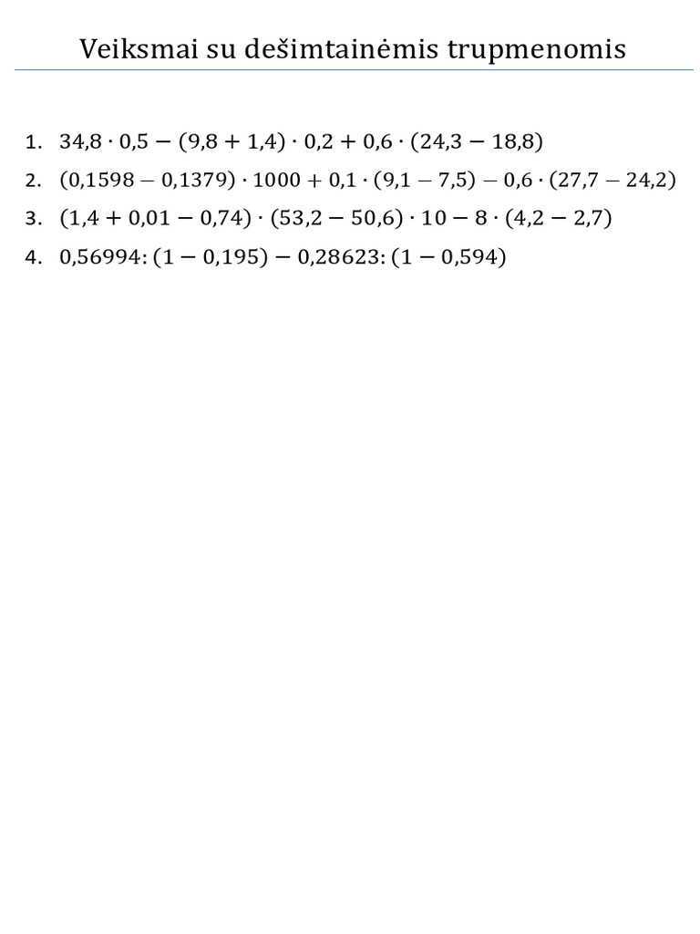 Veiksmai Su Desimtainemis Trupmenomis | PDF