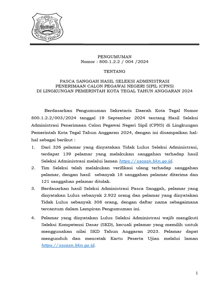 Pengumuman Pasca Sanggah Hasil Seleksi Administrasi CPNS 2024 Publish | PDF
