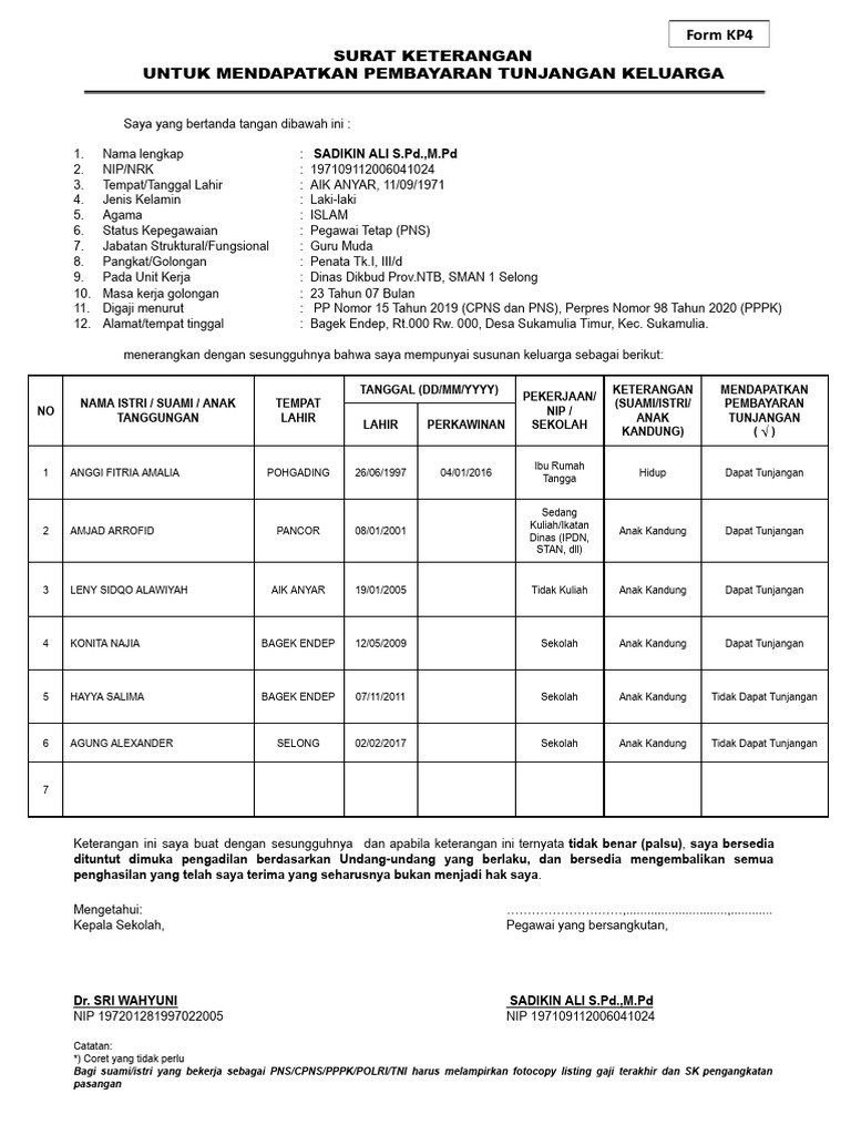 Formulir KP4 Dikbbud NTB, SMAN 1 Selong | PDF