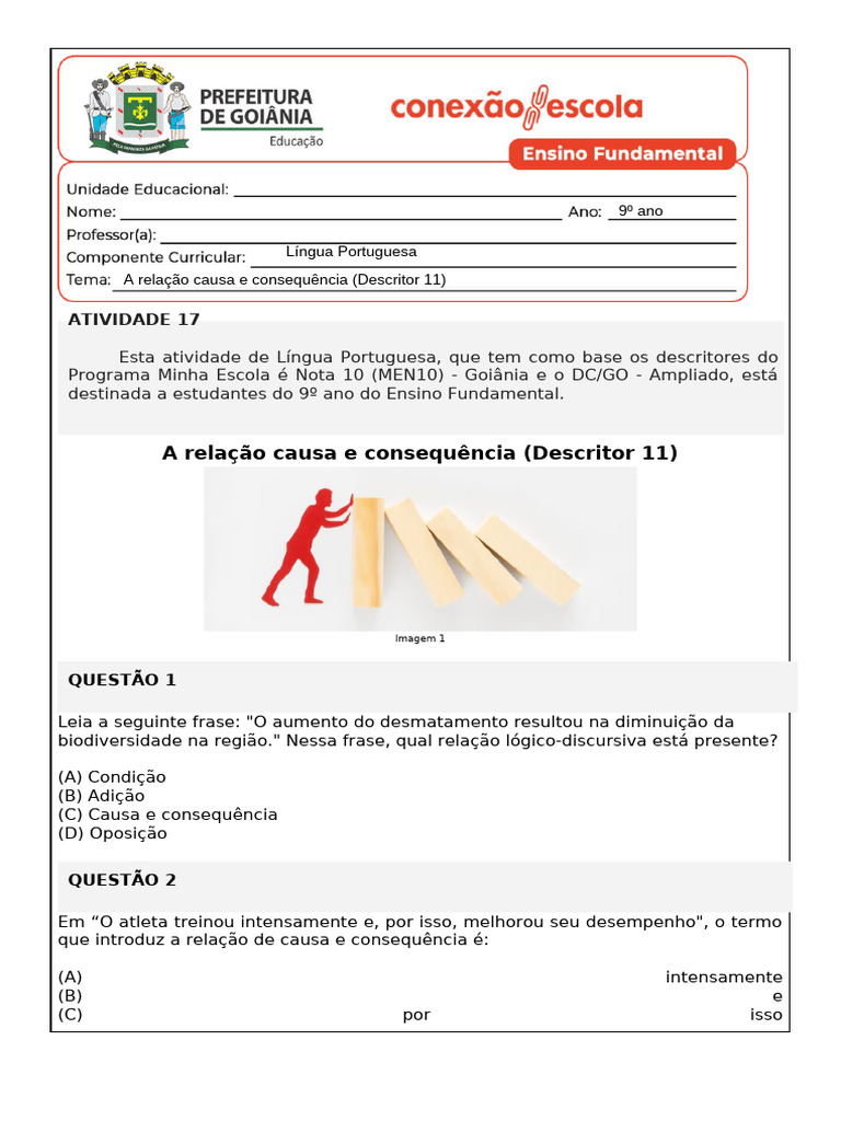 Atividade 17 - A Relação Causa e Consequência (Descritor 11) | PDF