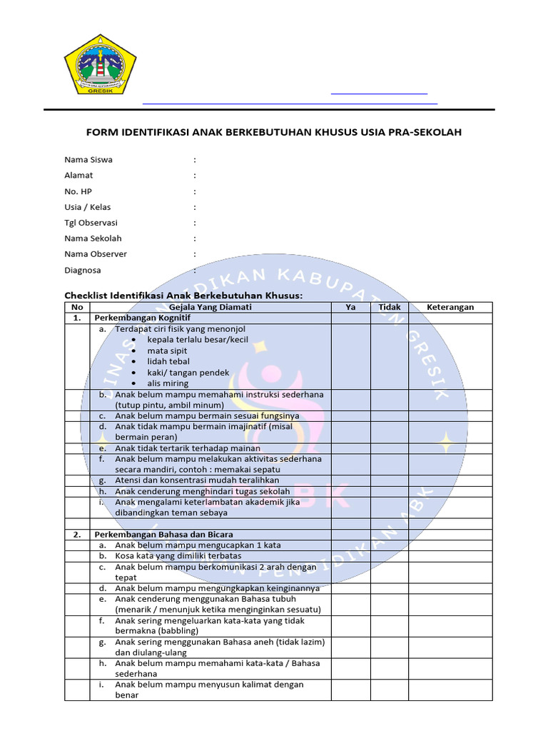 Form Identifikasi Anak Berkebutuhan Khusus | PDF | Kesehatan Holistik