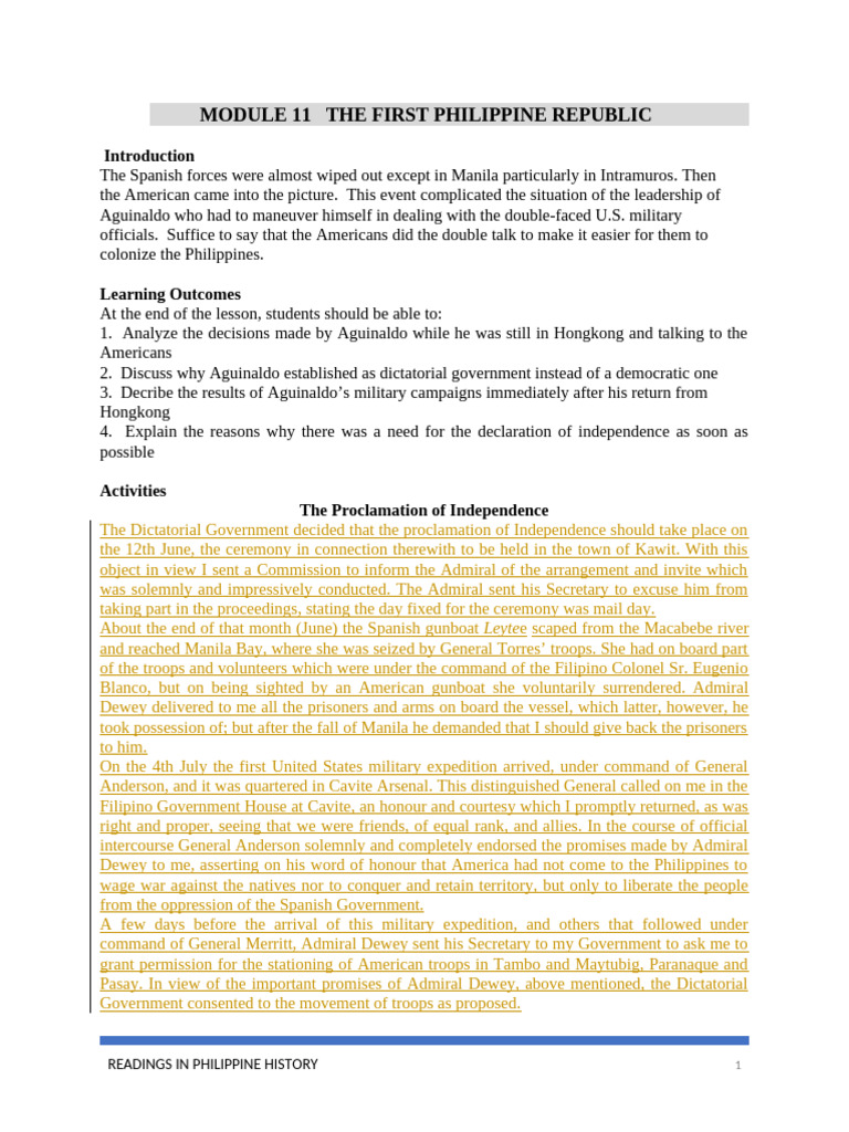 First Philippine Republic Overview | PDF | Philippines | Spanish East ...