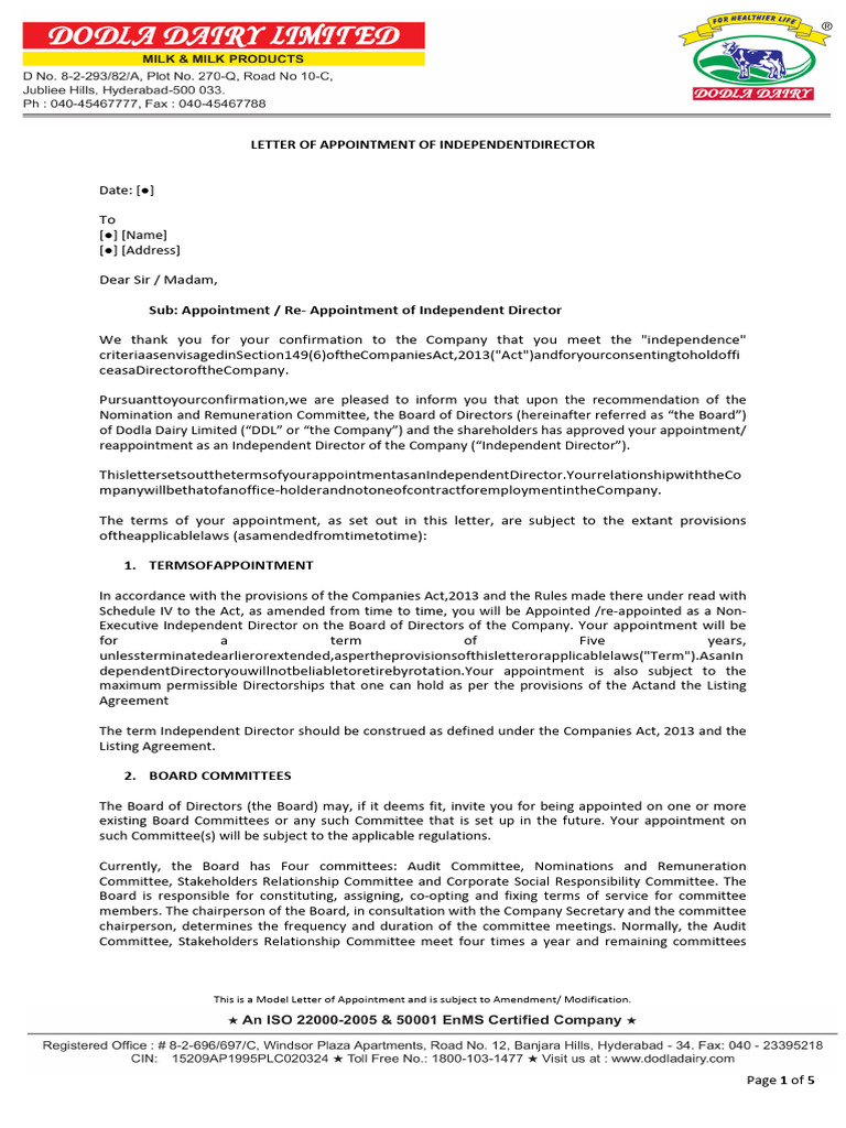 Appointment Letter for Independent Director | PDF | Board Of Directors ...