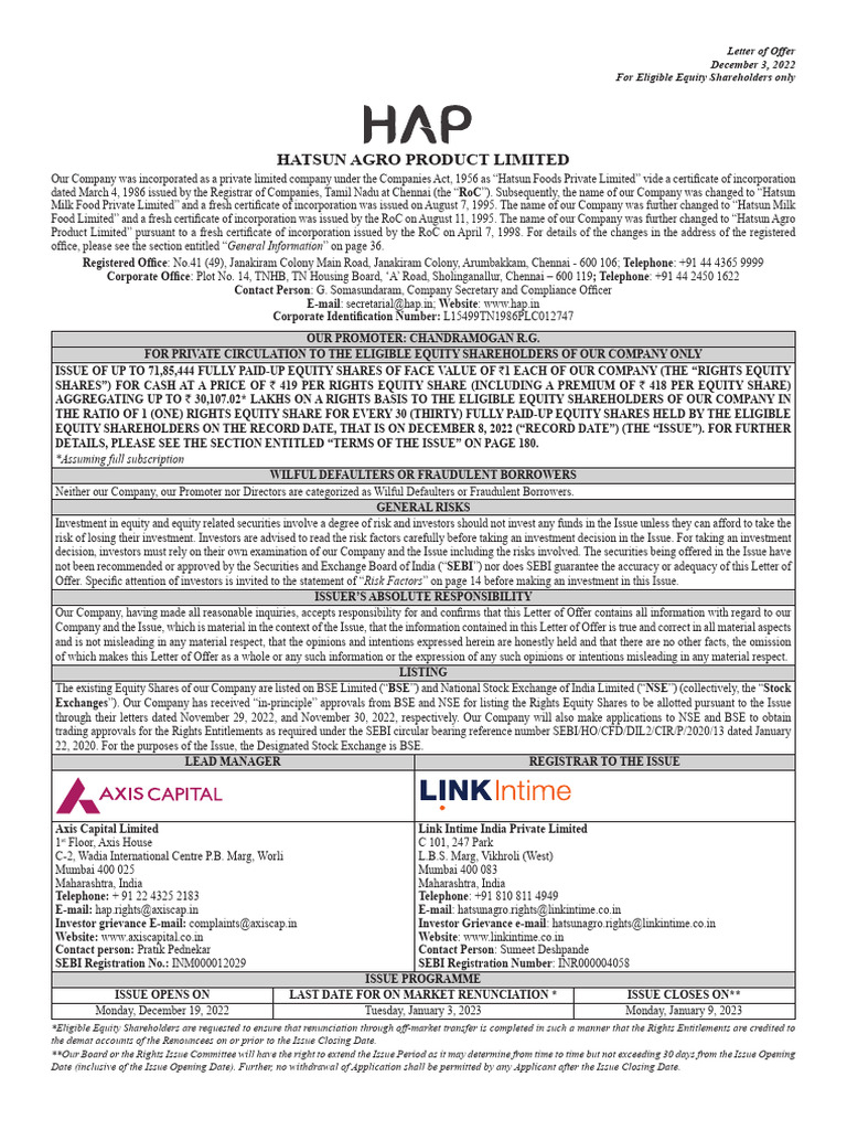 Hatsun Agro Product Limited Letter of Offer | PDF | Stocks | Securities ...