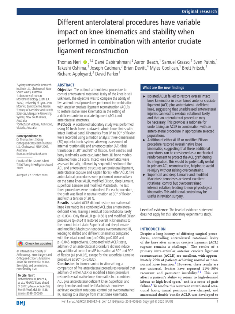 Different Anterolateral Procedures Have Variable Impact On Knee ...