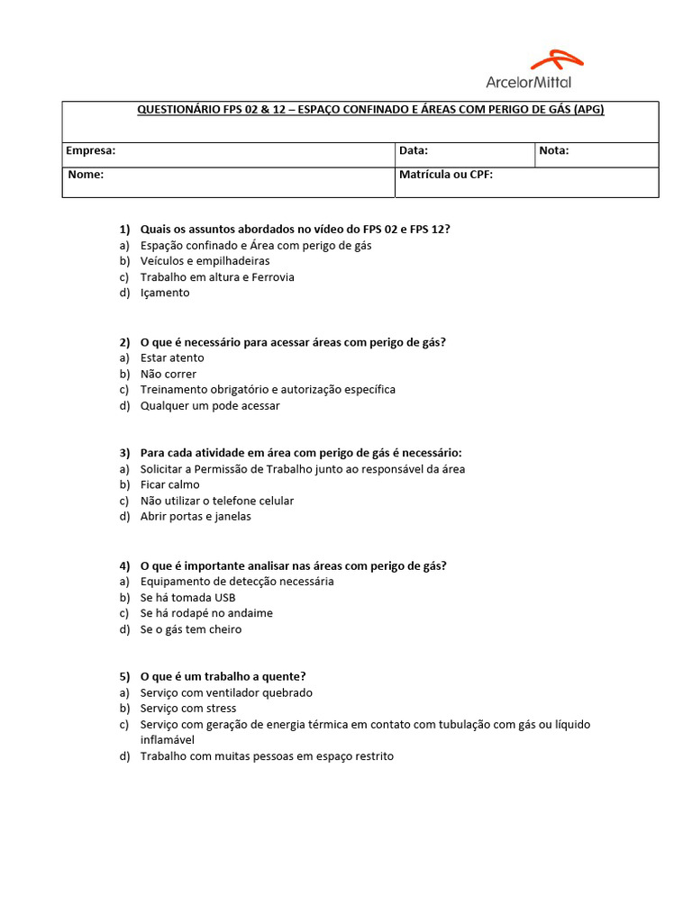 Questionário FPS02 FPS12 Espaço Confinado e Área Com Perigo de Gás APG ...