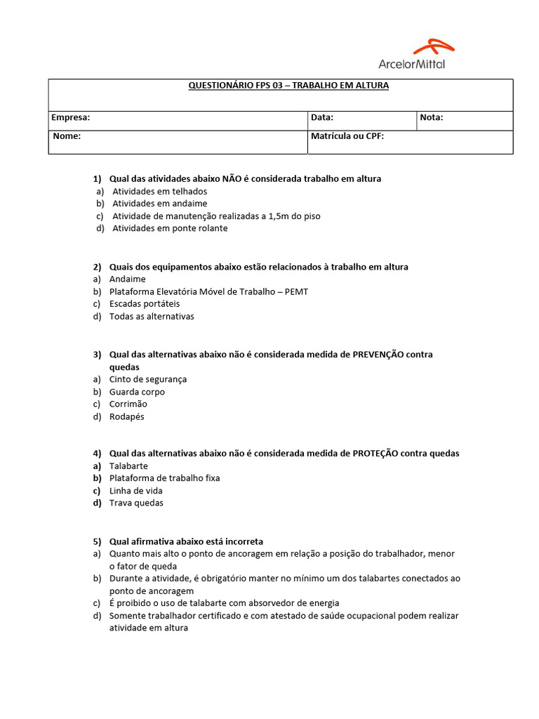 Questionário FPS03 Trabalho em Altura 2 | PDF