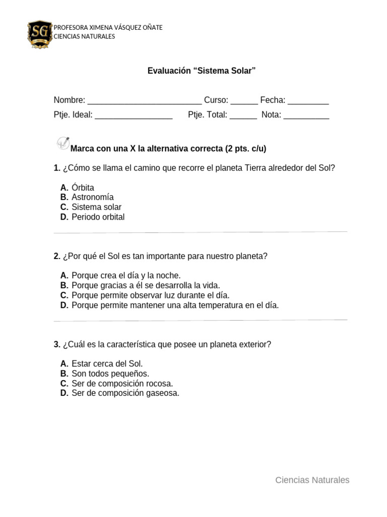 Prueba Sistema Solar | PDF | Tierra | Planetas