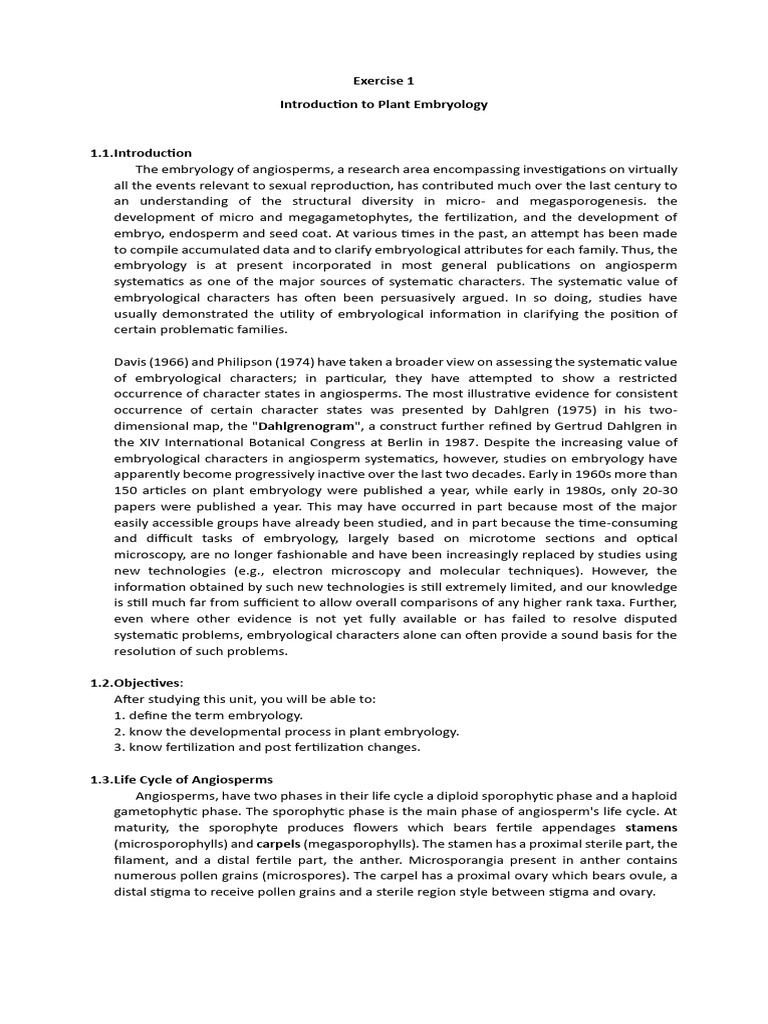 DEV. BIO Lab Exercise 1 Introduction To Plant Embryology | PDF ...