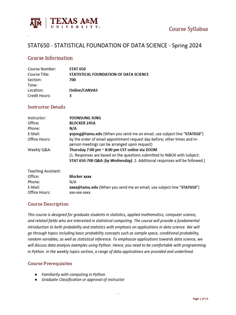 Stat 650 Foundations Of Data Science Syllabus Pdf Statistics Data Science