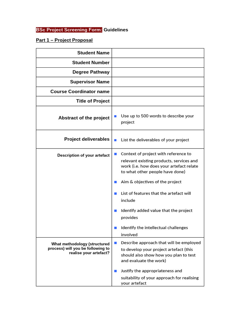 BSC Project Proposal Form - Guidelines | PDF | Cognition
