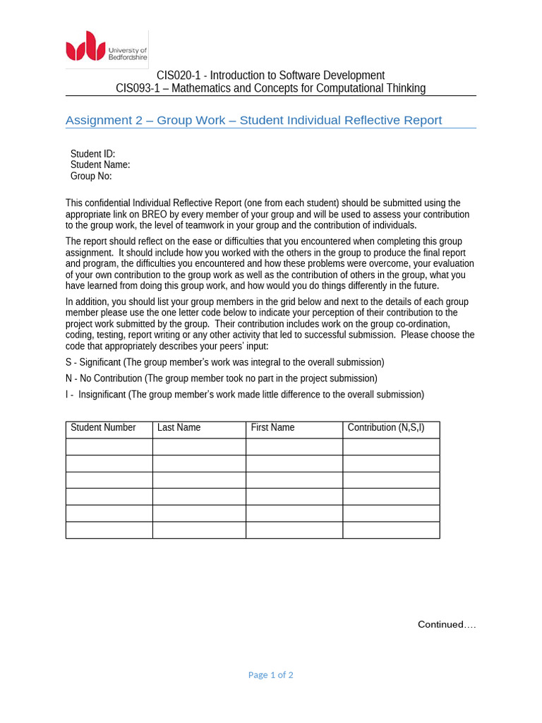 CIS020-1-CIS093-1 - Assignment 2-Group - Work-Individual - Refective - Report - Form | PDF ...