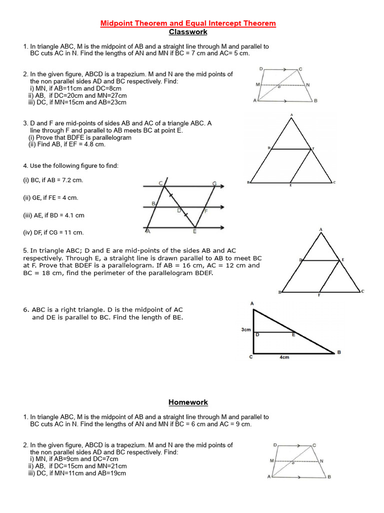 Mid-Point and Intercept Theorem, Pythagoras Theorem - Worksheet ...