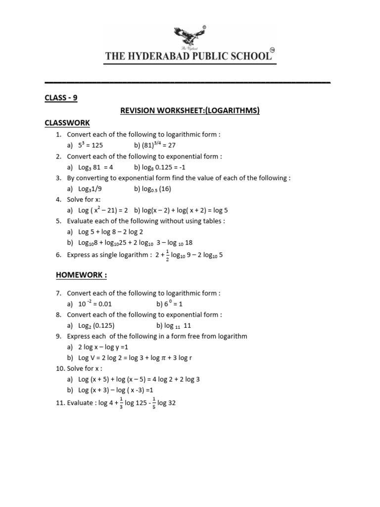Class 9 Logarithms Revision Worksheet | PDF