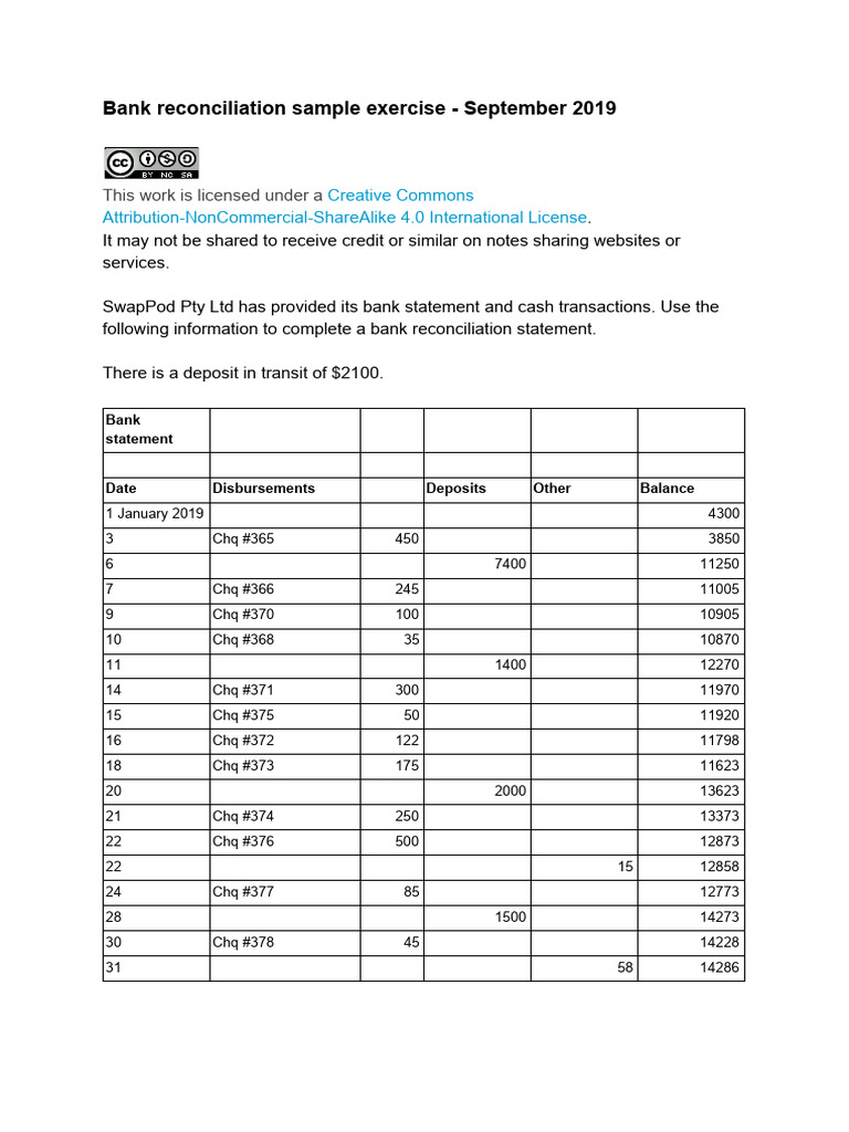 Bank Reconciliation Exercise Sept 2019 | PDF | Banks | Personal Finance