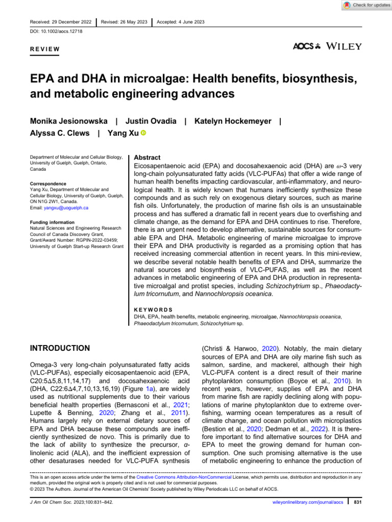 J Americ Oil Chem Soc - 2023 - Jesionowska - EPA and DHA in Microalgae Health Benefits ...